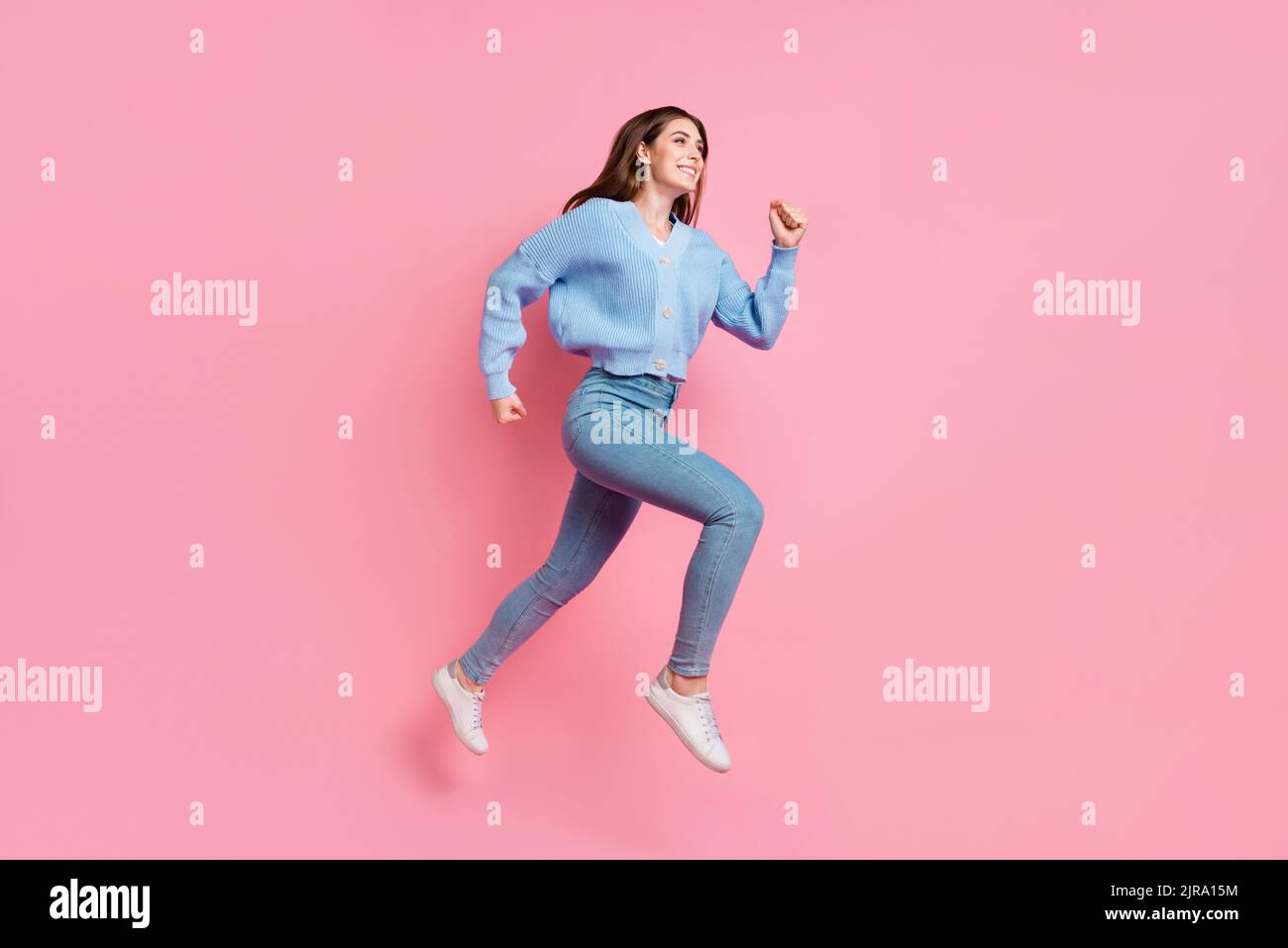 Profile side full length photo of attractive cheerful cute girl running ...