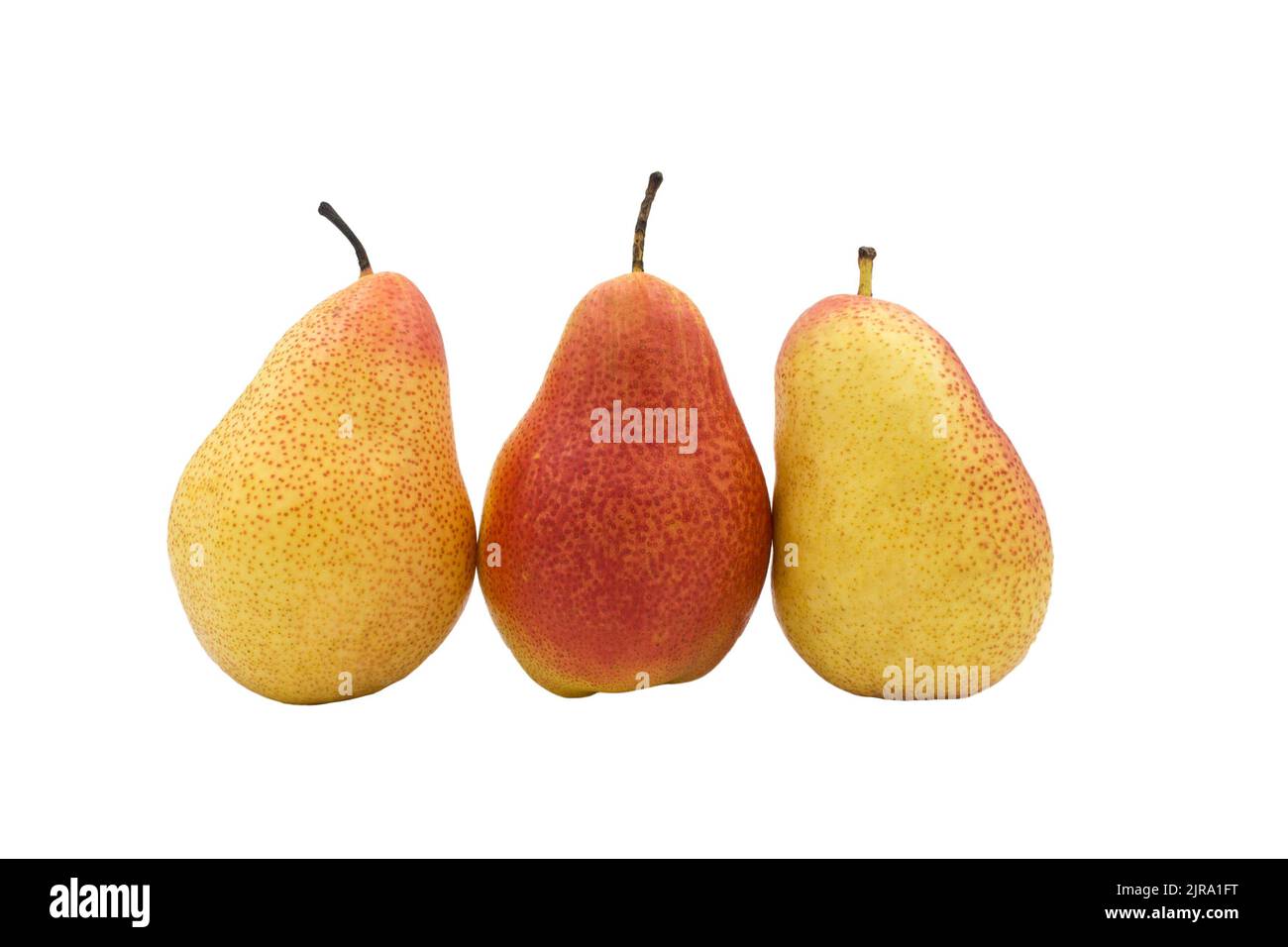Three ripe red and yellow pears isolated on a white background. Healthy ...