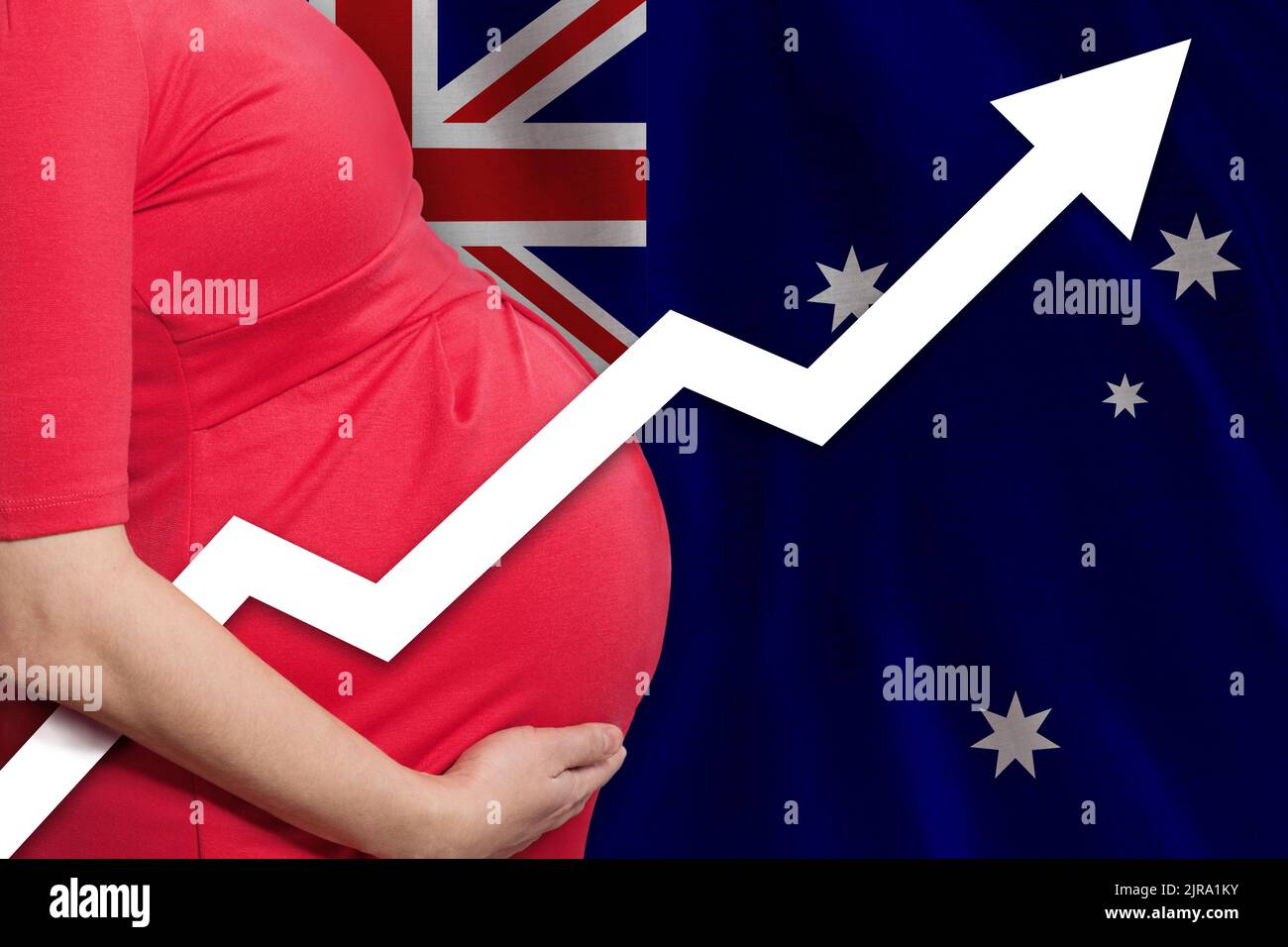 Australian pregnant woman on flag of Australia background. Birth rate ...
