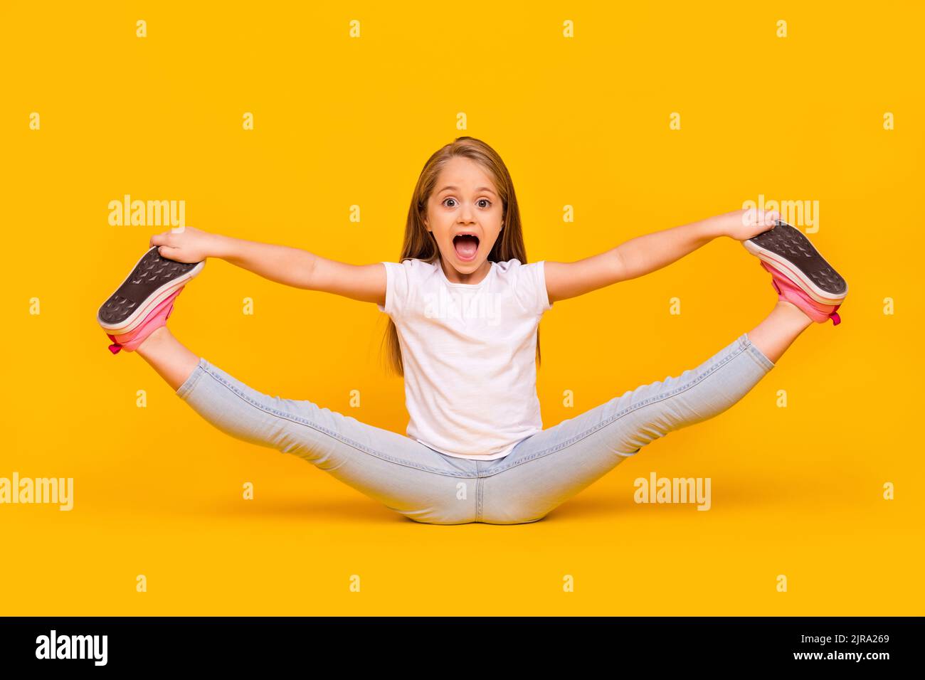 Full length photo of funky pretty schoolgirl dressed white t-shirt ...