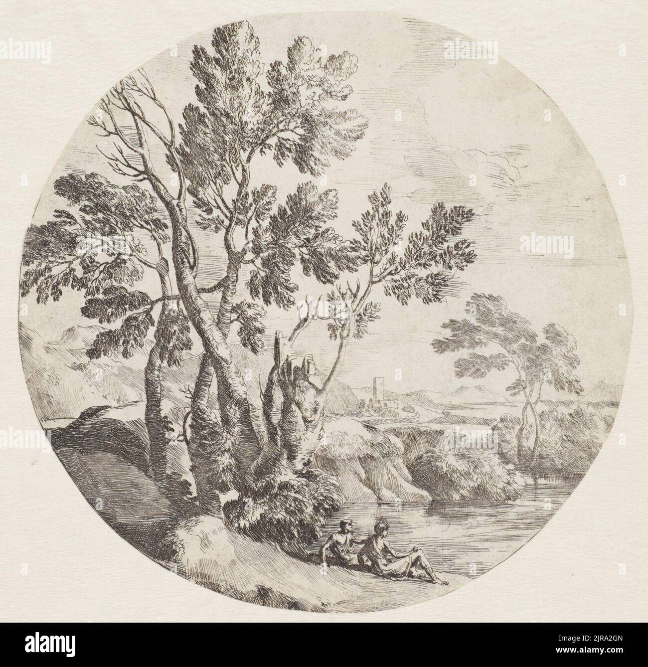 Landscape with two men seated near a river., Mid 17th century, Italy ...