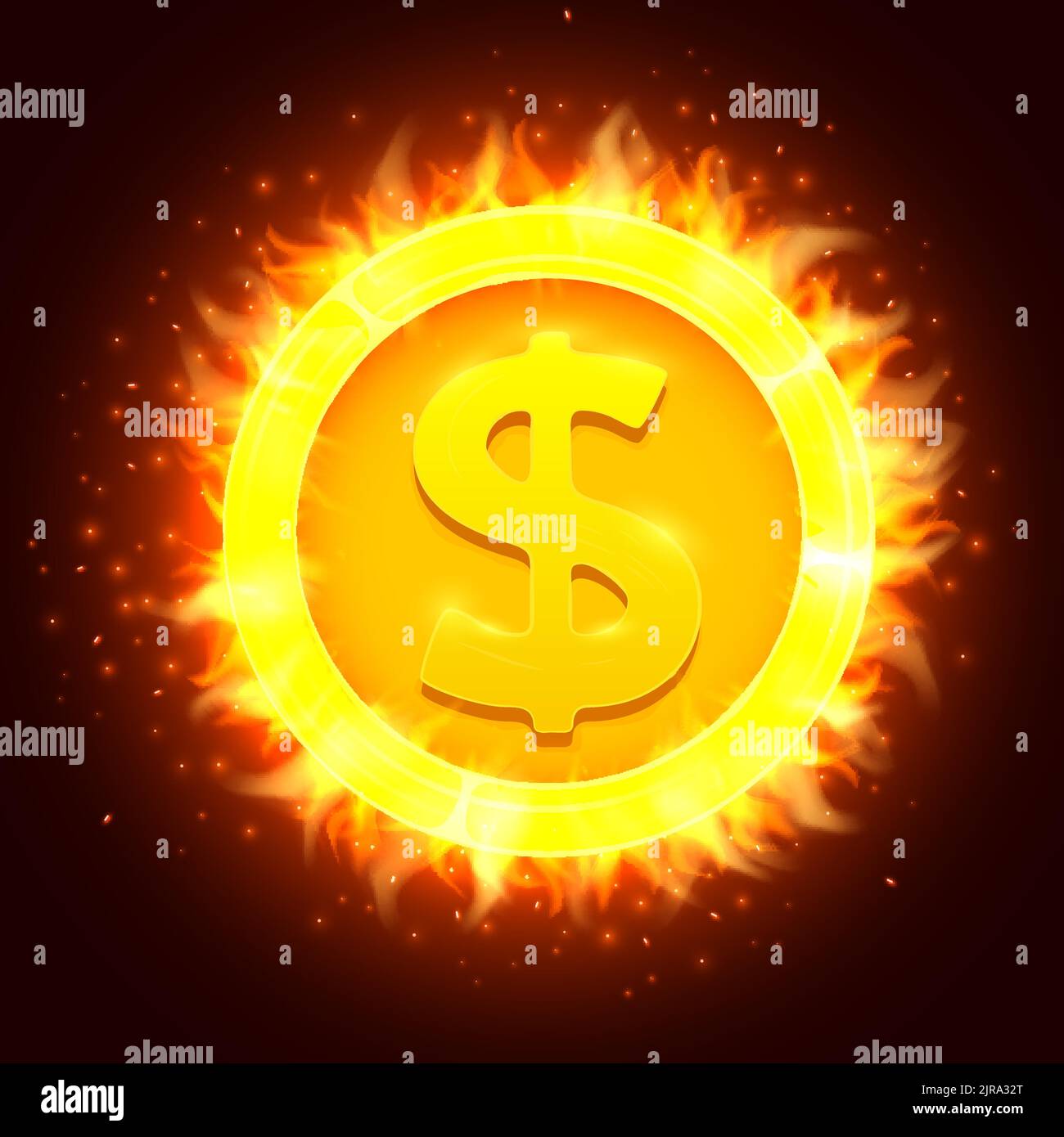 Burning golden dollar coin. Coin in fire. Vector illustration Stock ...