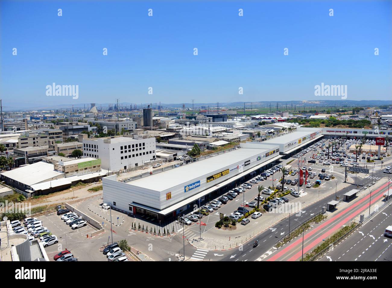 An aerial view of a shopping center on Israel bar Yehuda Road in Haifa ...