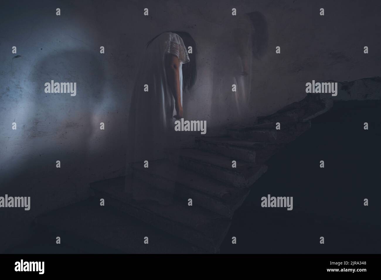 Ghost In Abandoned Haunted House Horror Scene Of Scary Spirit Of A Woman Halloween Concept