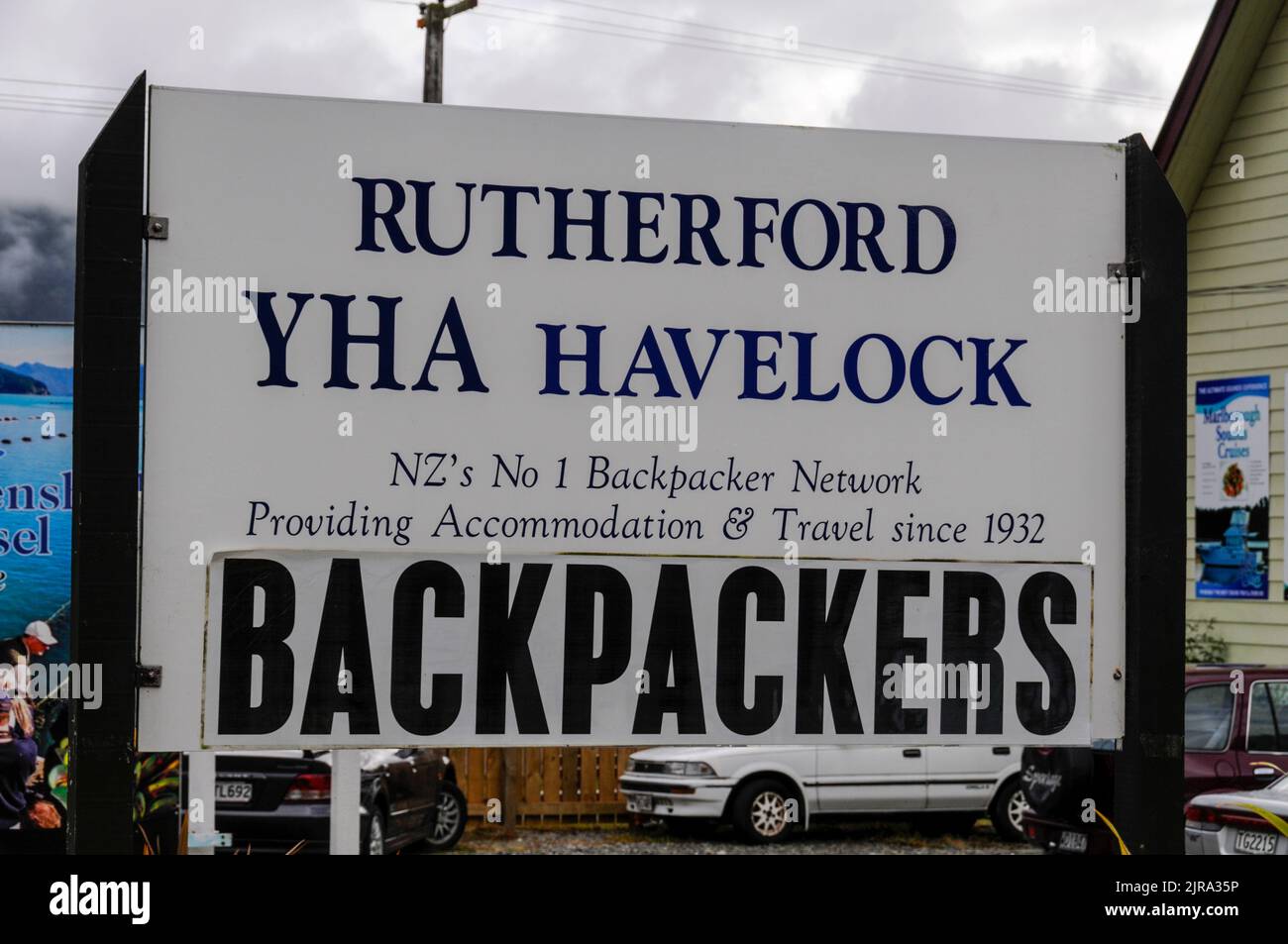 Backpackers accommodation sign at Havelock on South Island in New ...