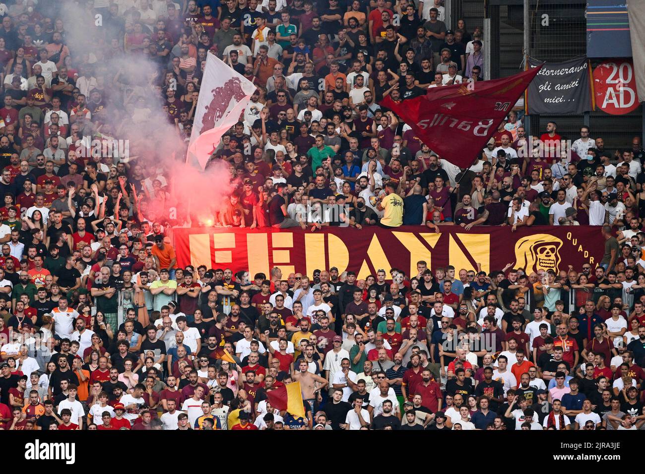 Rome, Italy. 22nd Aug, 2022. AS Roma fans fedayn during the Italian ...