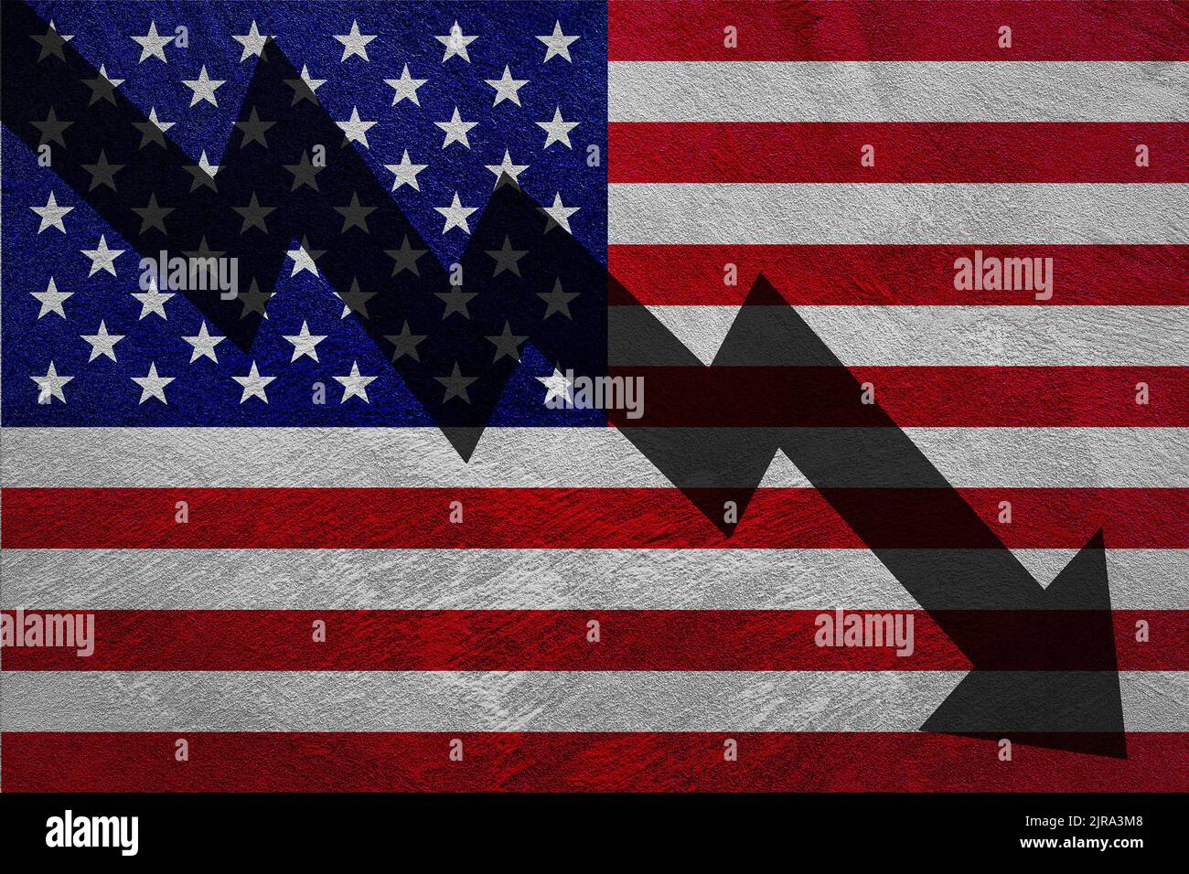 Arrow down on the background of the USA flag. The concept of economic ...