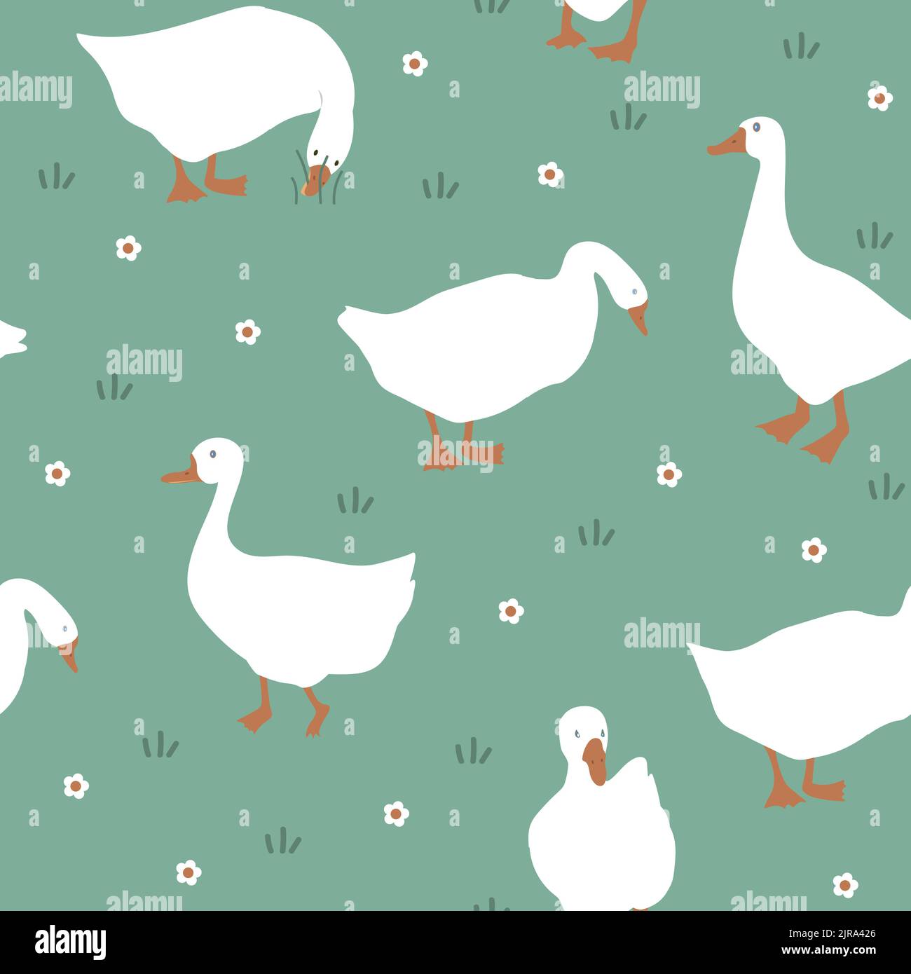 Cute seamless pattern with goose and doodle flowers. Geese in the grass ...