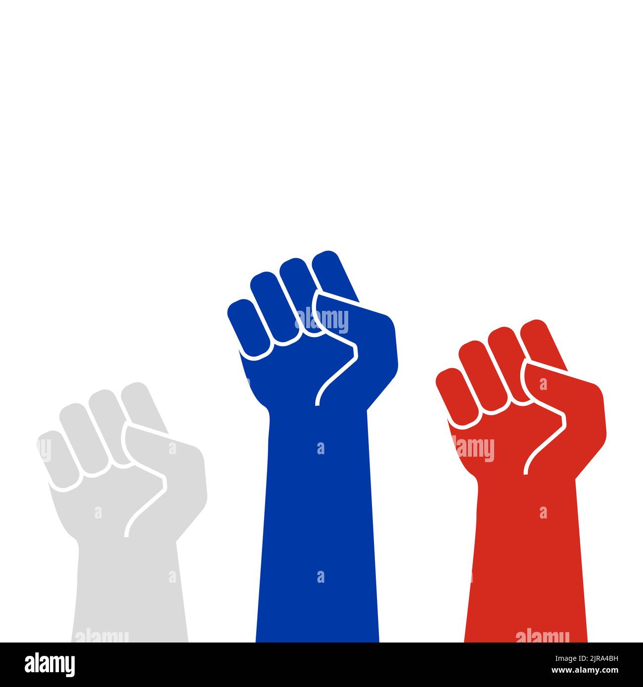 White, blue and red protest fists. Rised hands. Flat vector ...