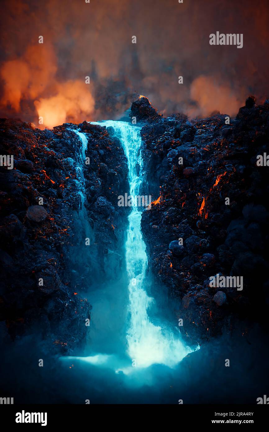 A 3D rendering illustration of a flaming volcano with a tiny waterfall ...