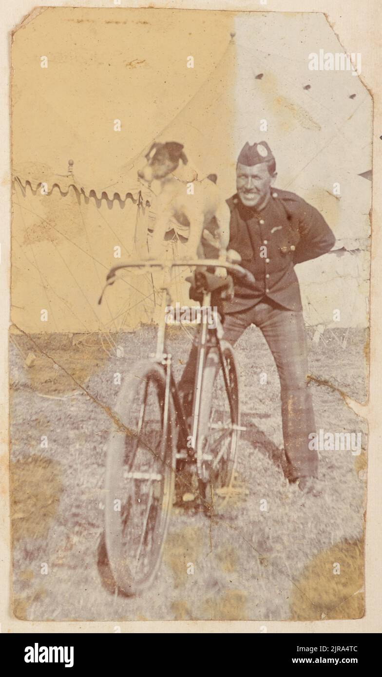 Fort George 1902, Cameron Highlanders Camp. 'Sparkie' on bike. From the ...