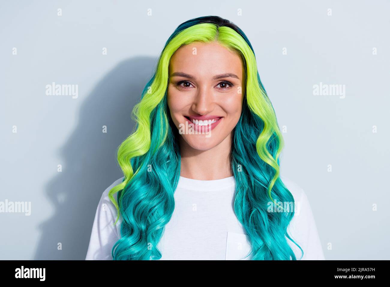 Photo of pretty cute vibrant gradient hair girl dressed t-shirt smiling ...