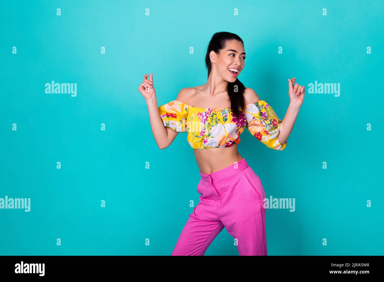 Photo of funky millennial lady dance look empty space wear floral top ...