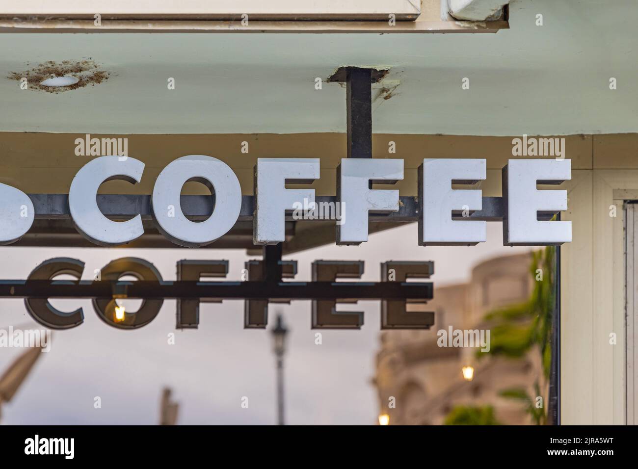 Coffee 3d Sign With Reflection in Shop Window Stock Photo - Alamy