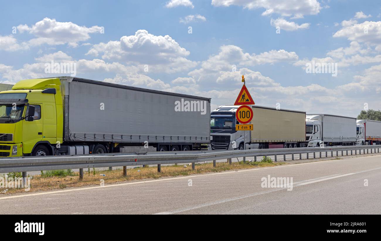 Long Queue of Lorry Cargo Trucks Stucked at Europe Border Entry Stock ...