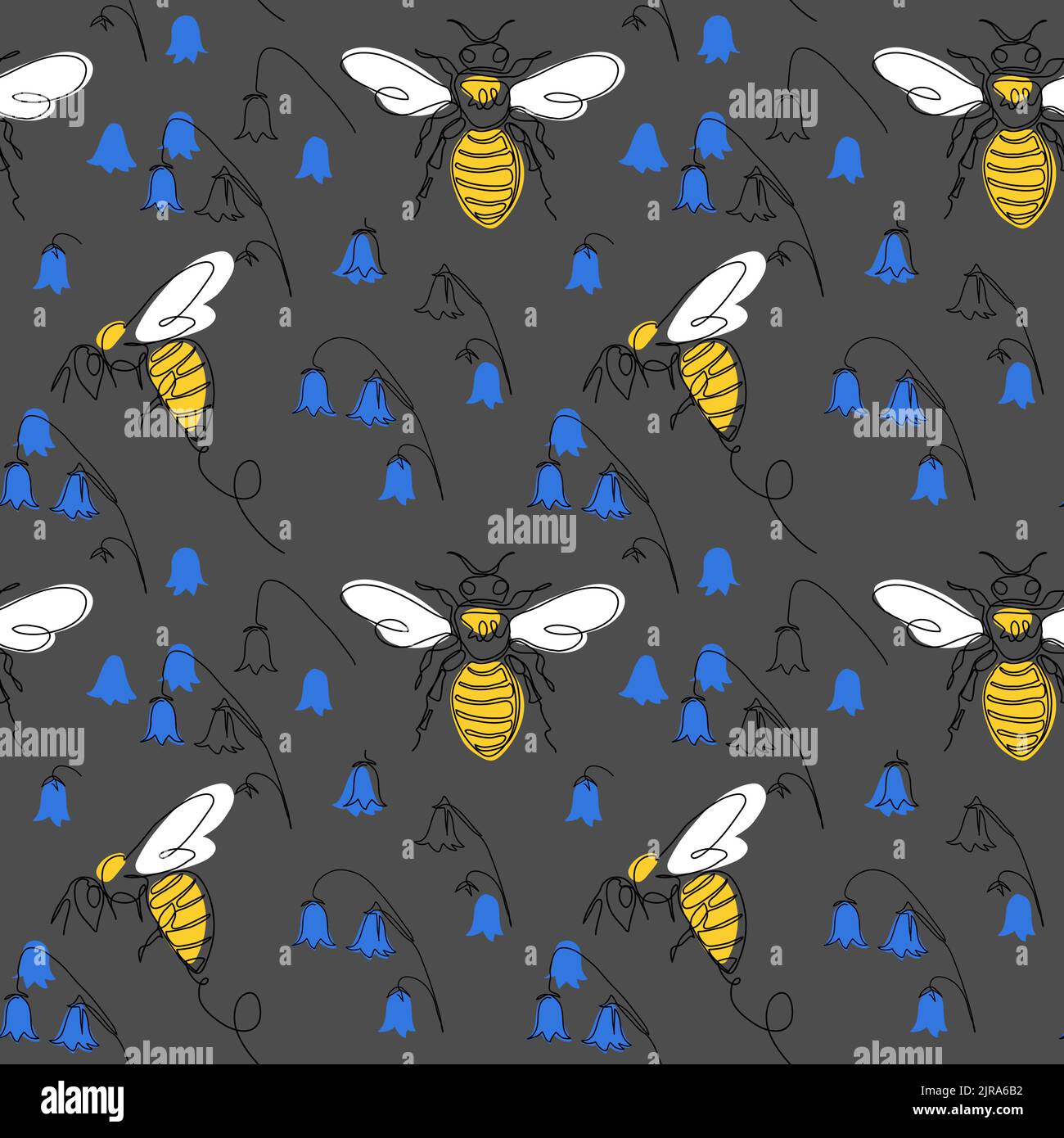 Bee vector pattern with blue flowers on grey background for texture ...