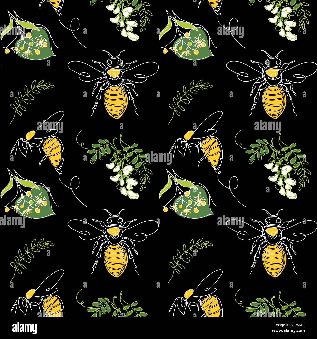 Bee floral vector pattern on black background Stock Vector Image & Art ...