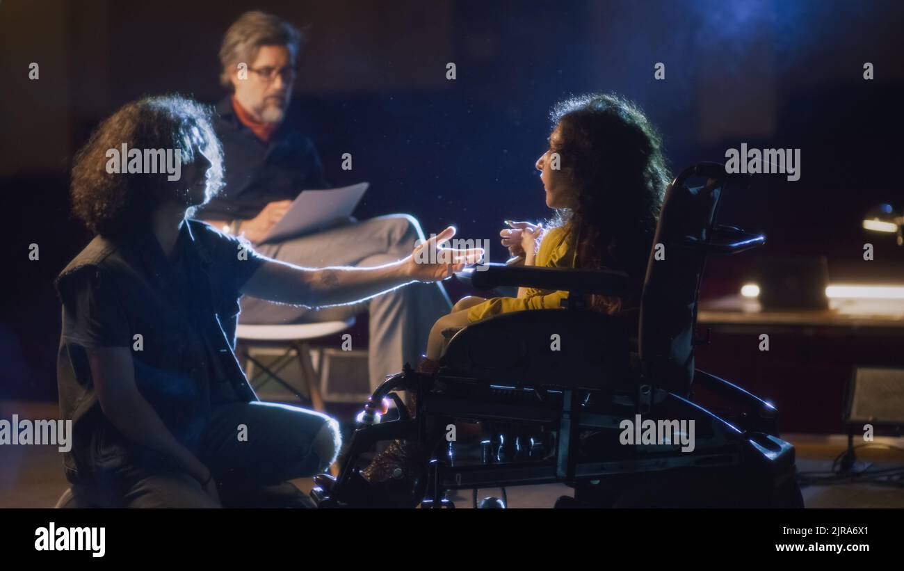Actress who using electric wheelchair and an actor rehearsing a ...