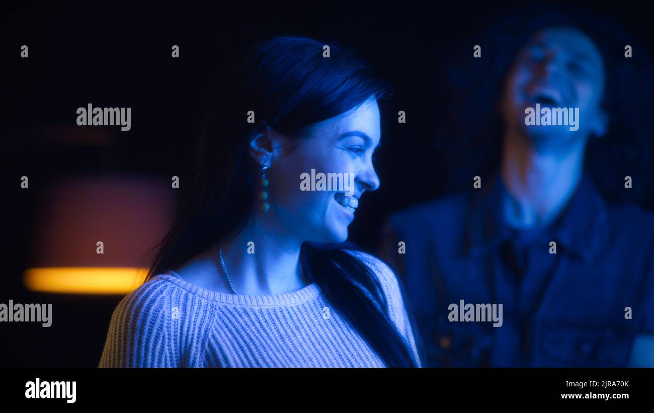 Actors standing on the stage laughing and professionally playing roles ...