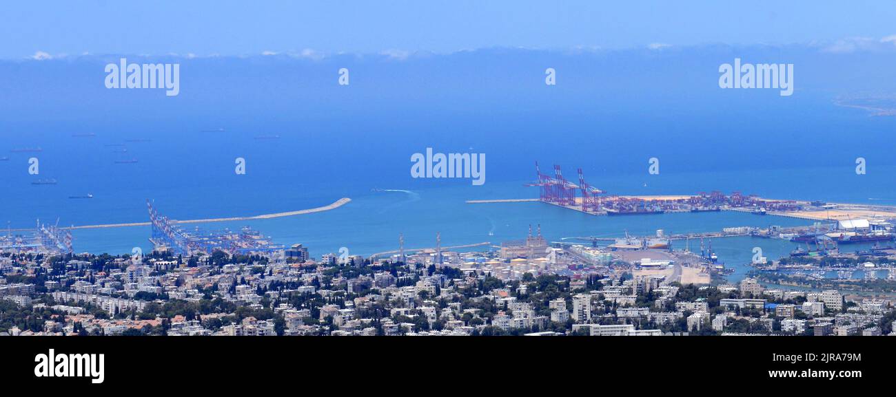 A view of the Bay of Haifa with the seaport as seen from the Carmel ...