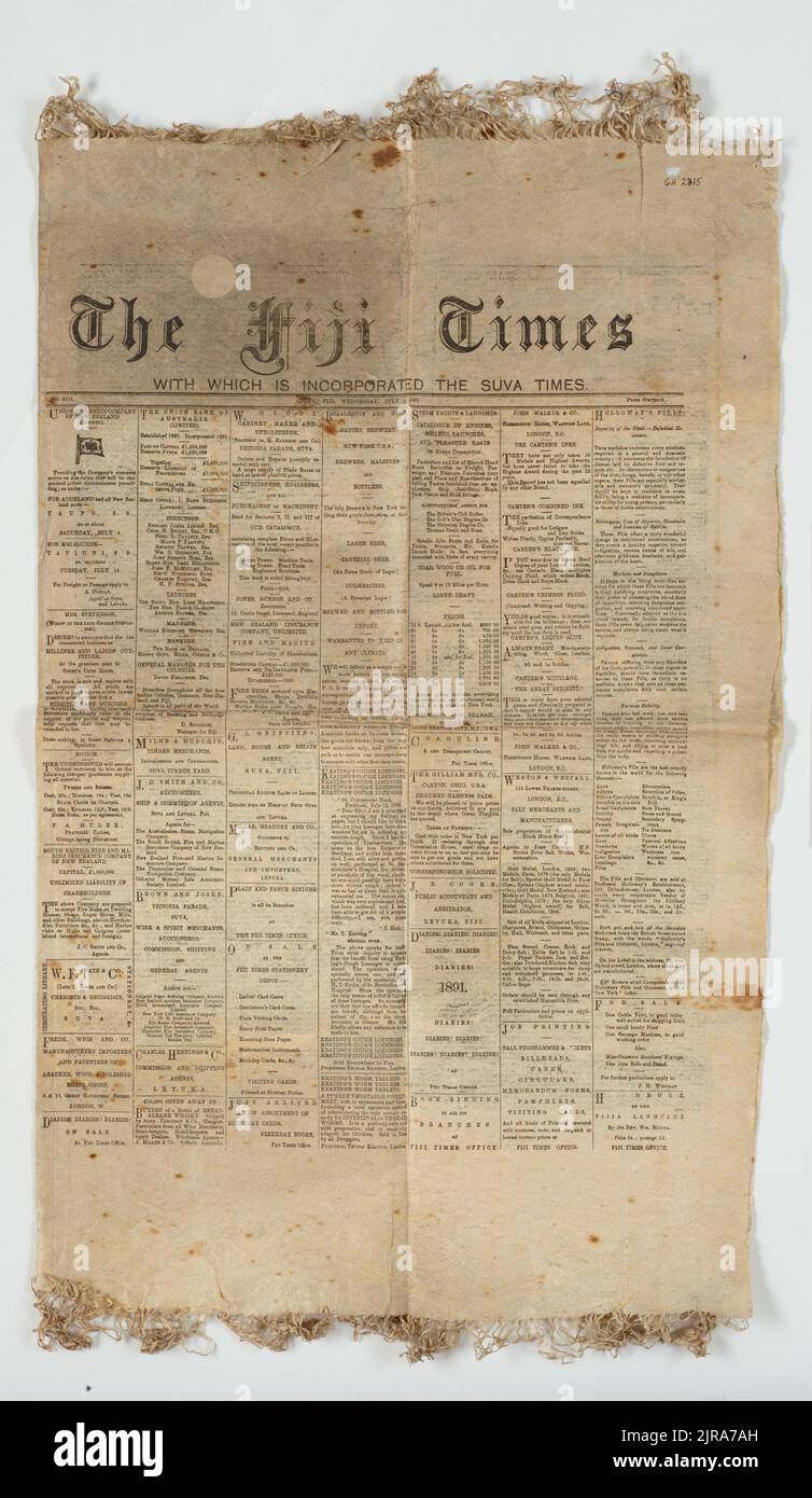 Newspaper, The Fiji Times, 01 July 1891, Fiji, maker unknown. Acquired ...