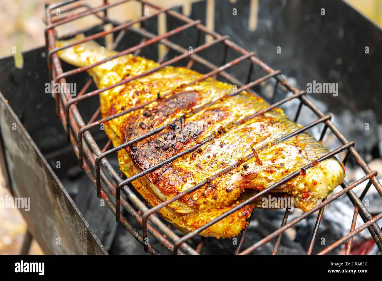 Grilled fish fried with lemon, citrus and spices, pepper. Exotic ...