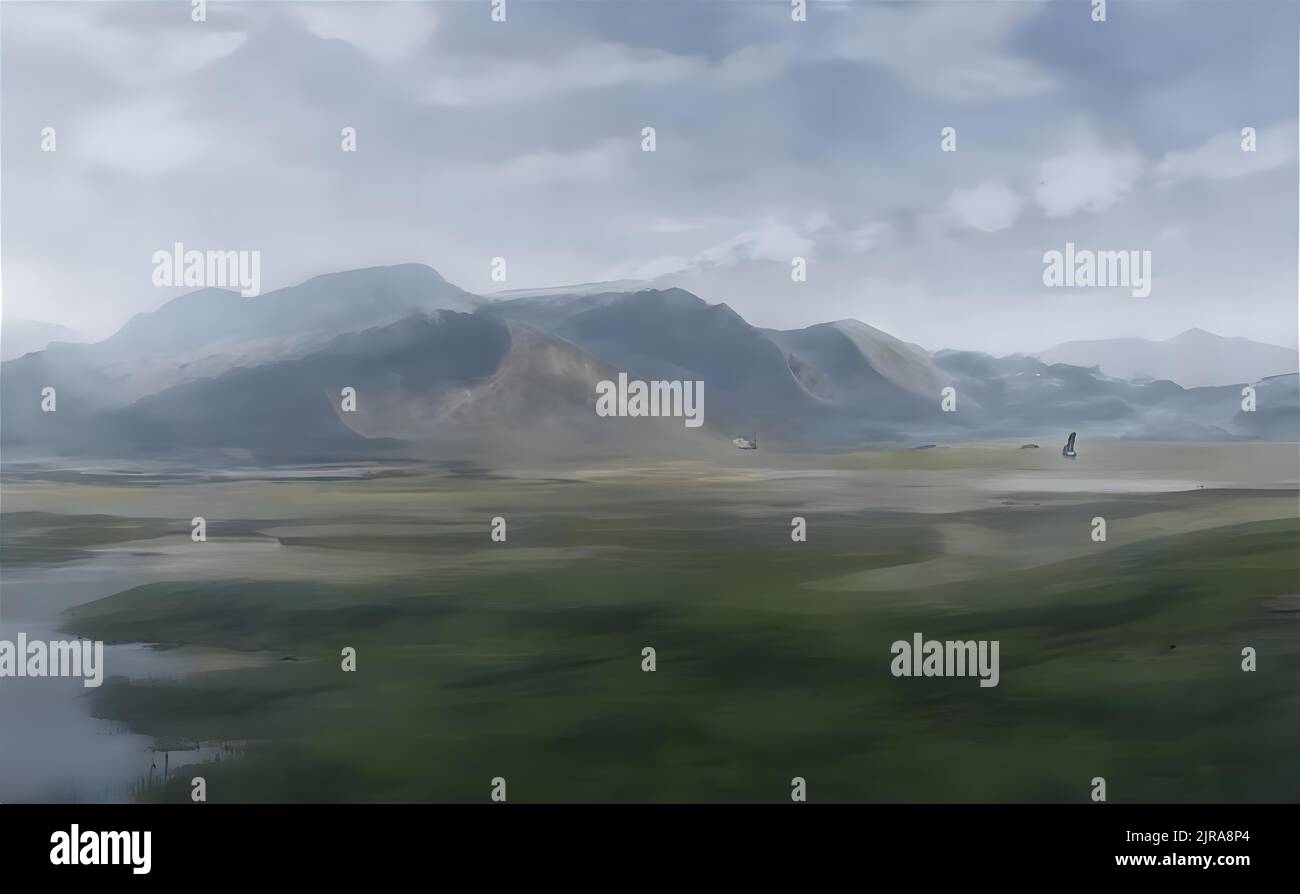 A watercolor painting of a foggy landscape Stock Photo - Alamy