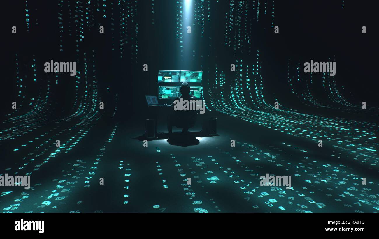 Minimalistic Concept Of Alone Hacker Programmer Surrounded By Green Programming Codes In A Dark