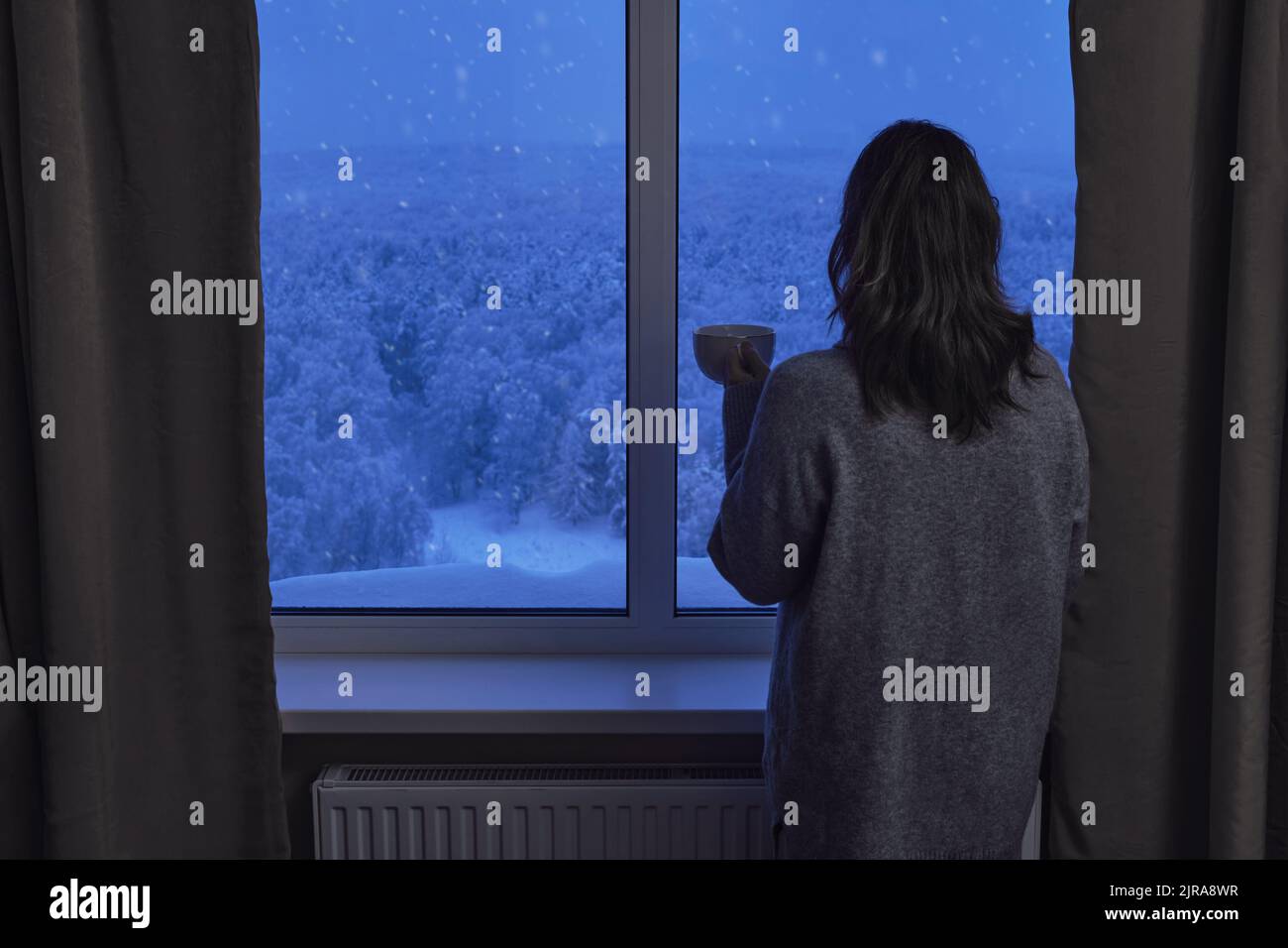 A woman stands at a winter window with trees in the snow. A woman with ...