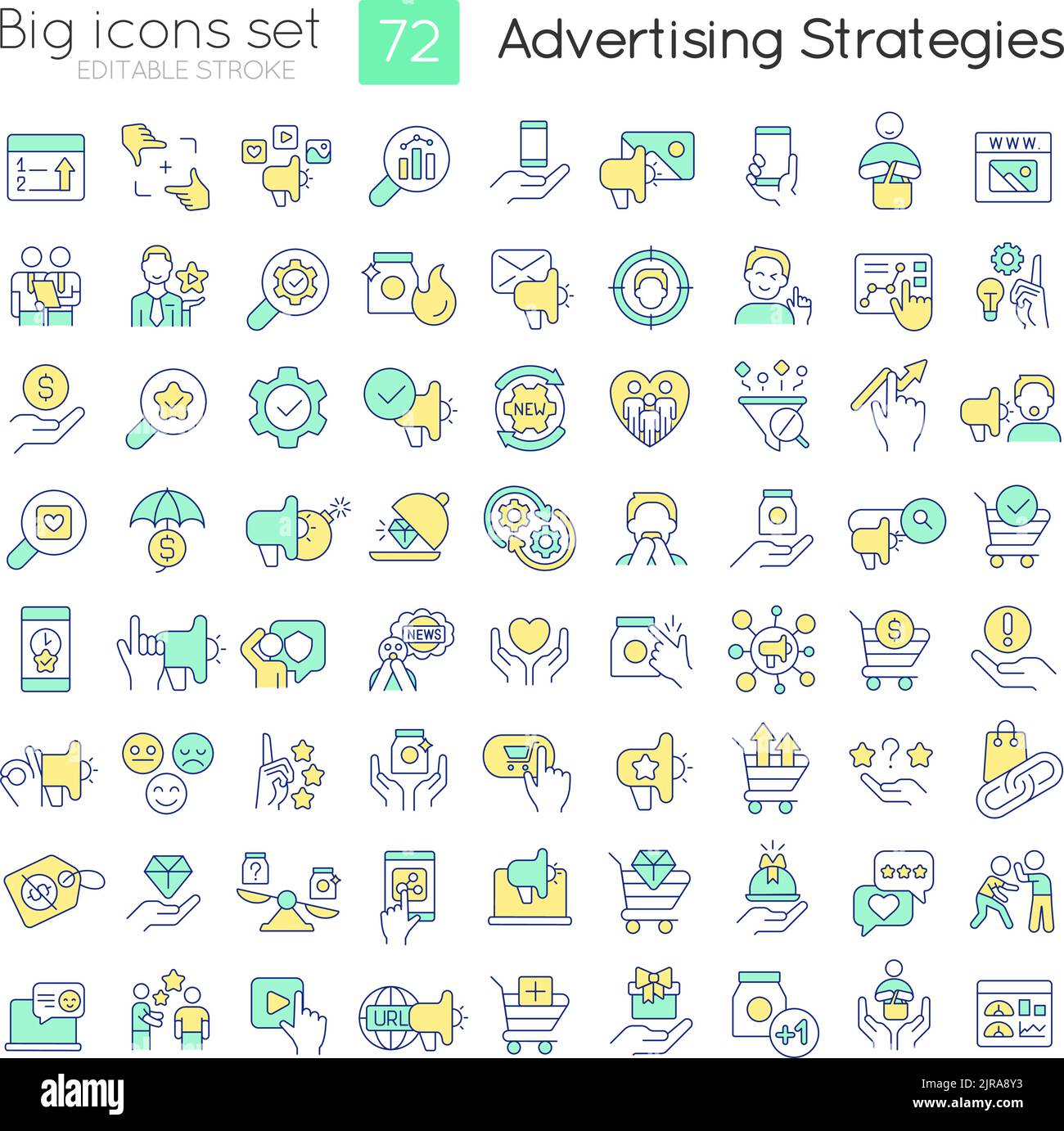 Advertising strategies and techniques RGB color icons set Stock Vector ...