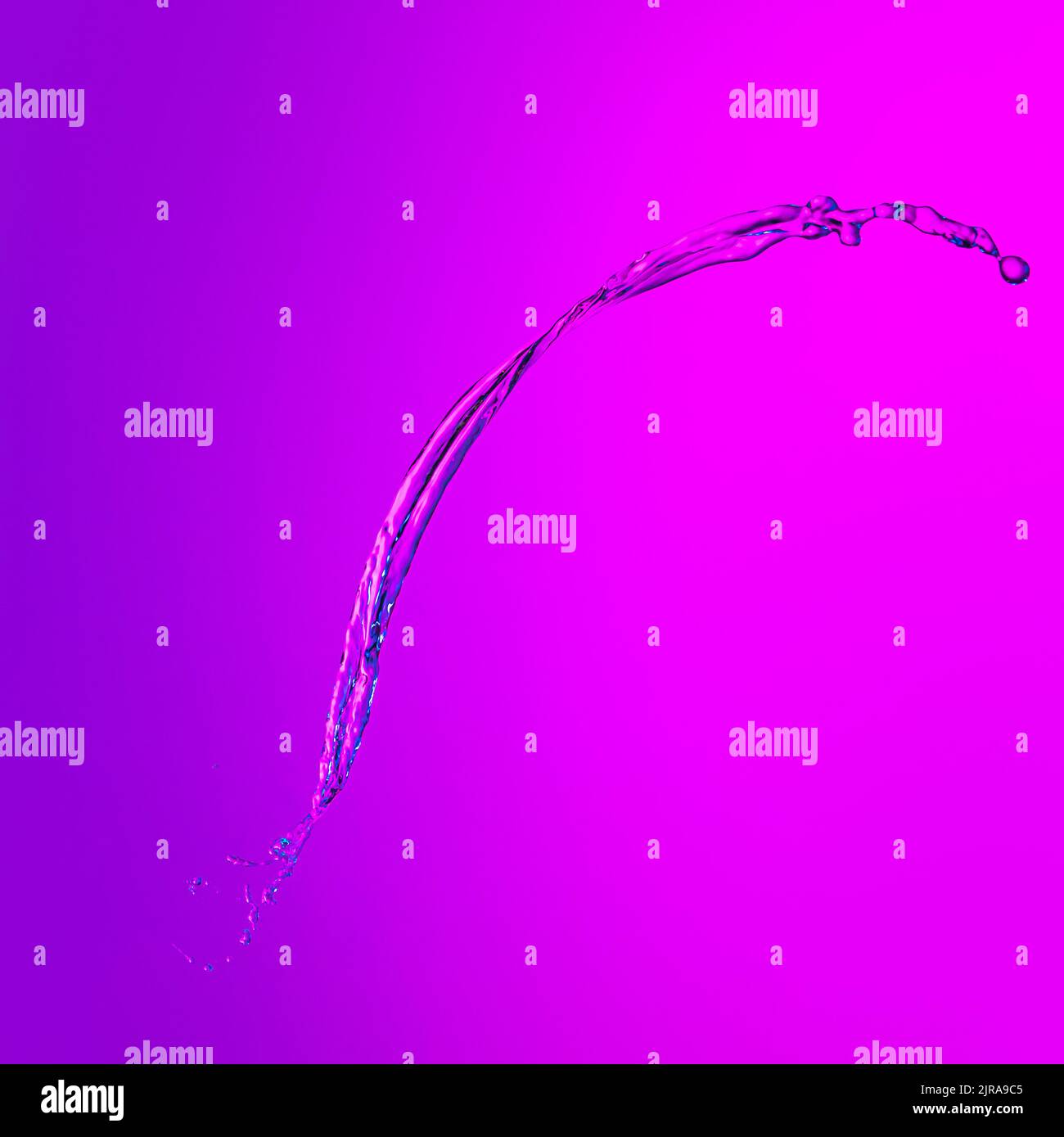 Flying splash transparent liquid or water on lilac color background in ...