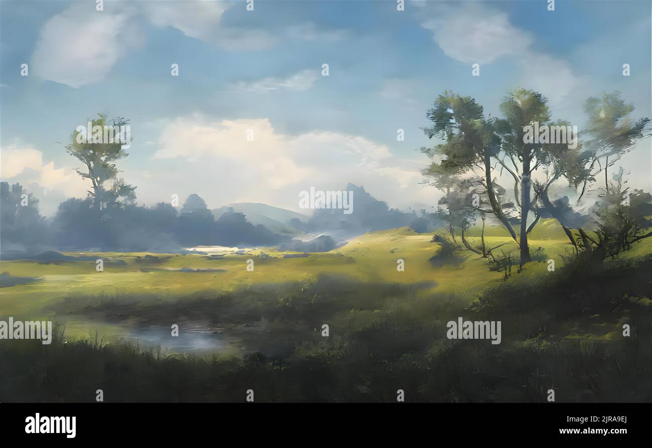 A watercolor painting of a sunny field Stock Photo - Alamy