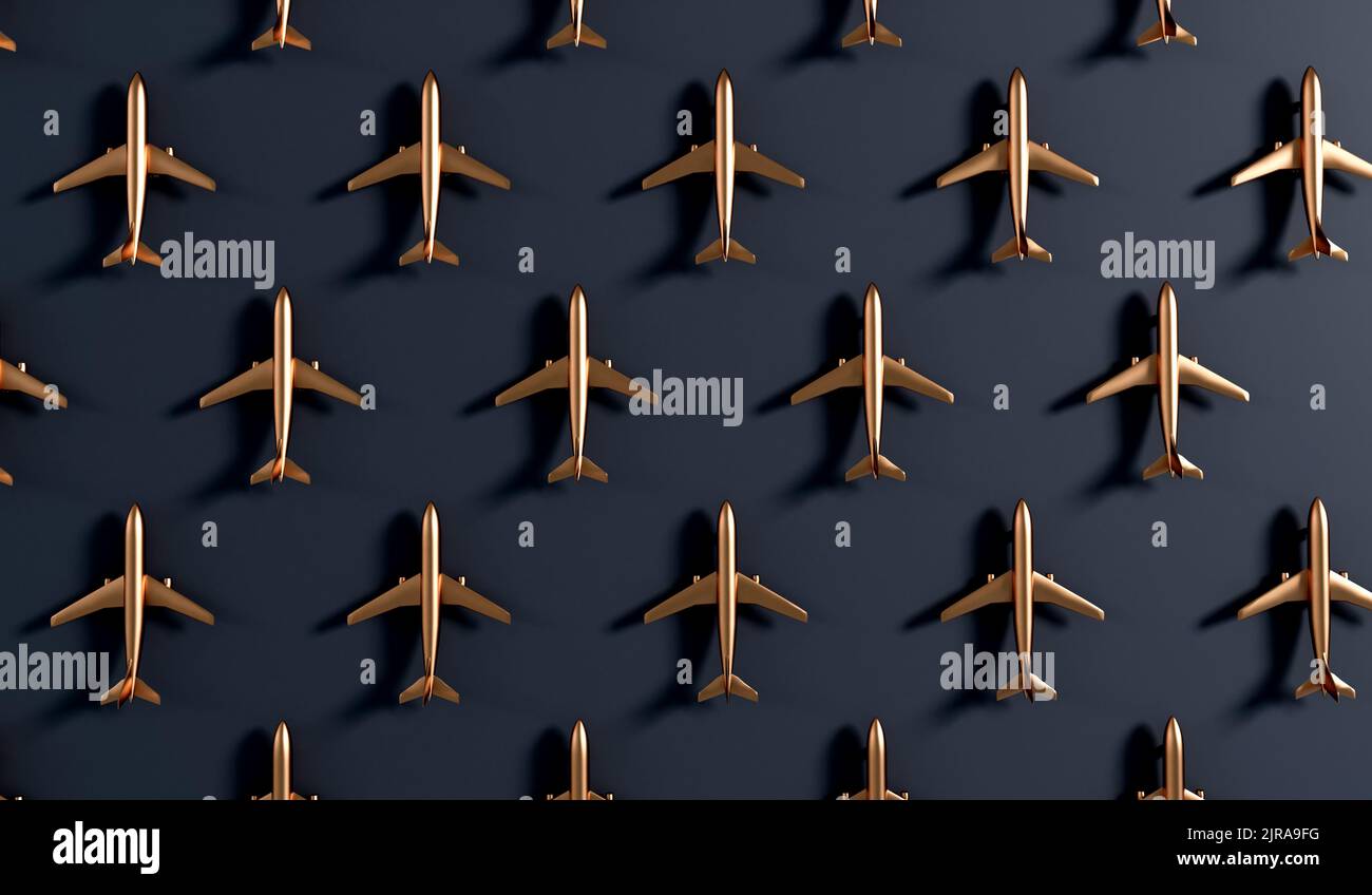 Luxury gold airplane against a dark background. VIP travel concept. 3D ...