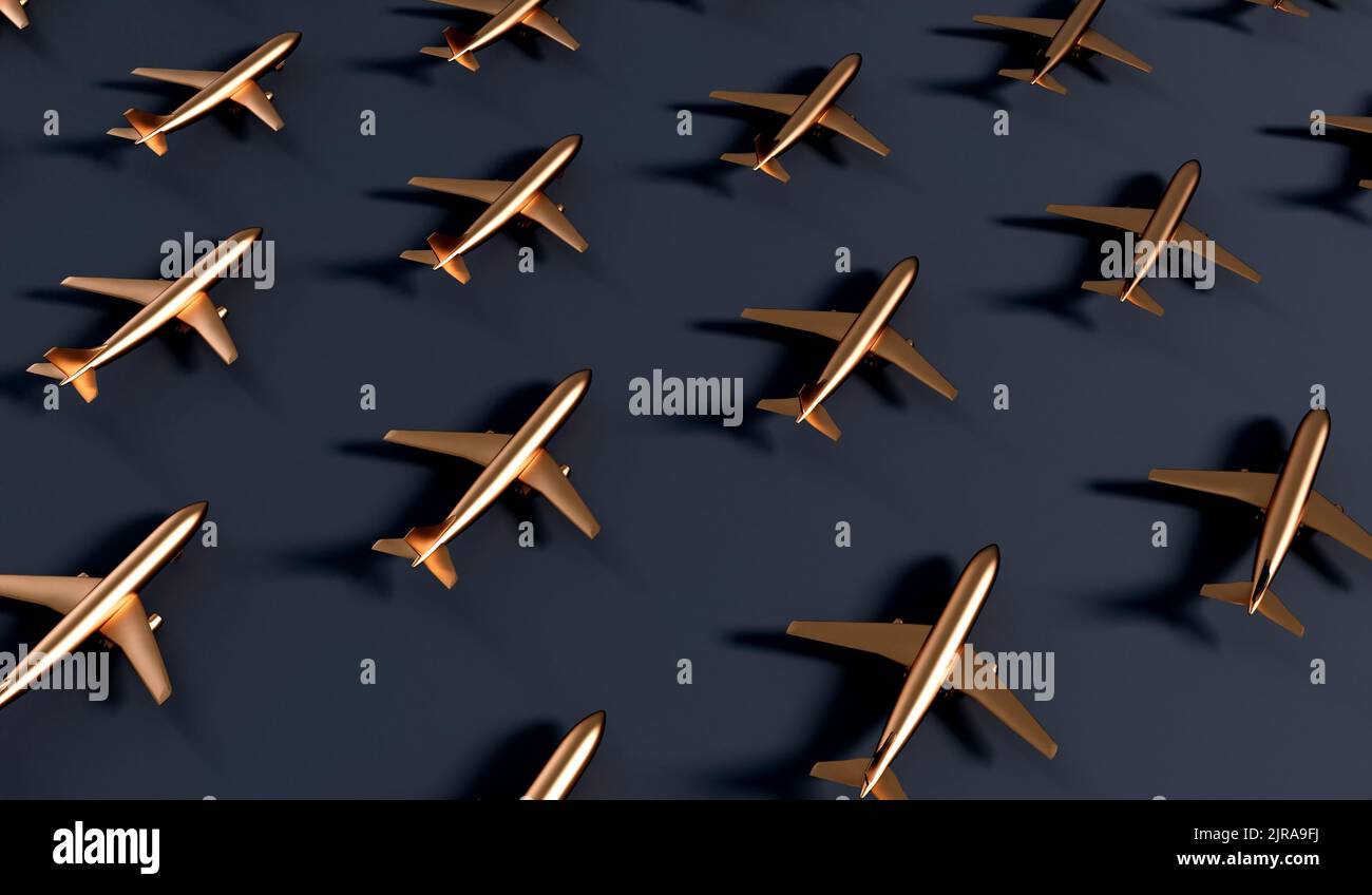 Luxury gold airplane against a dark background. VIP travel concept. 3D ...