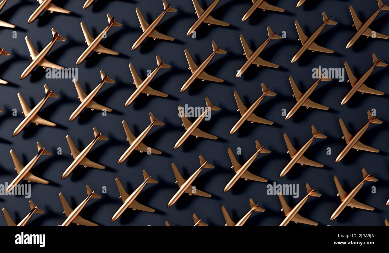 Luxury gold airplane against a dark background. VIP travel concept. 3D ...