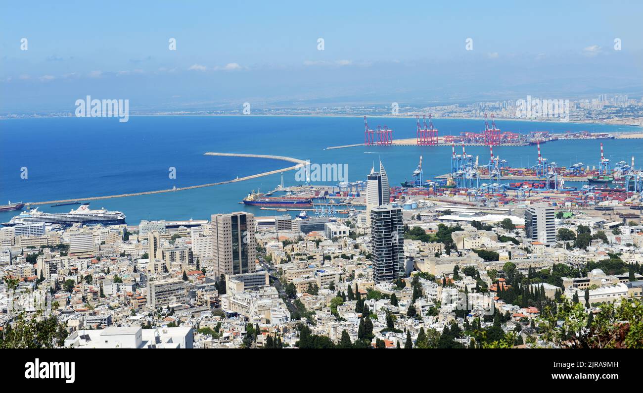 A view of the Bay of Haifa with the seaport as seen from the Carmel ...