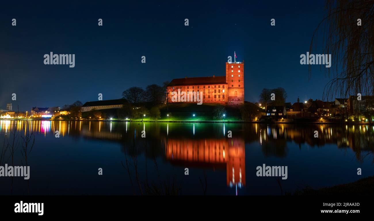 An aerial view of Koldinghus castle surrounded by water in night Stock ...