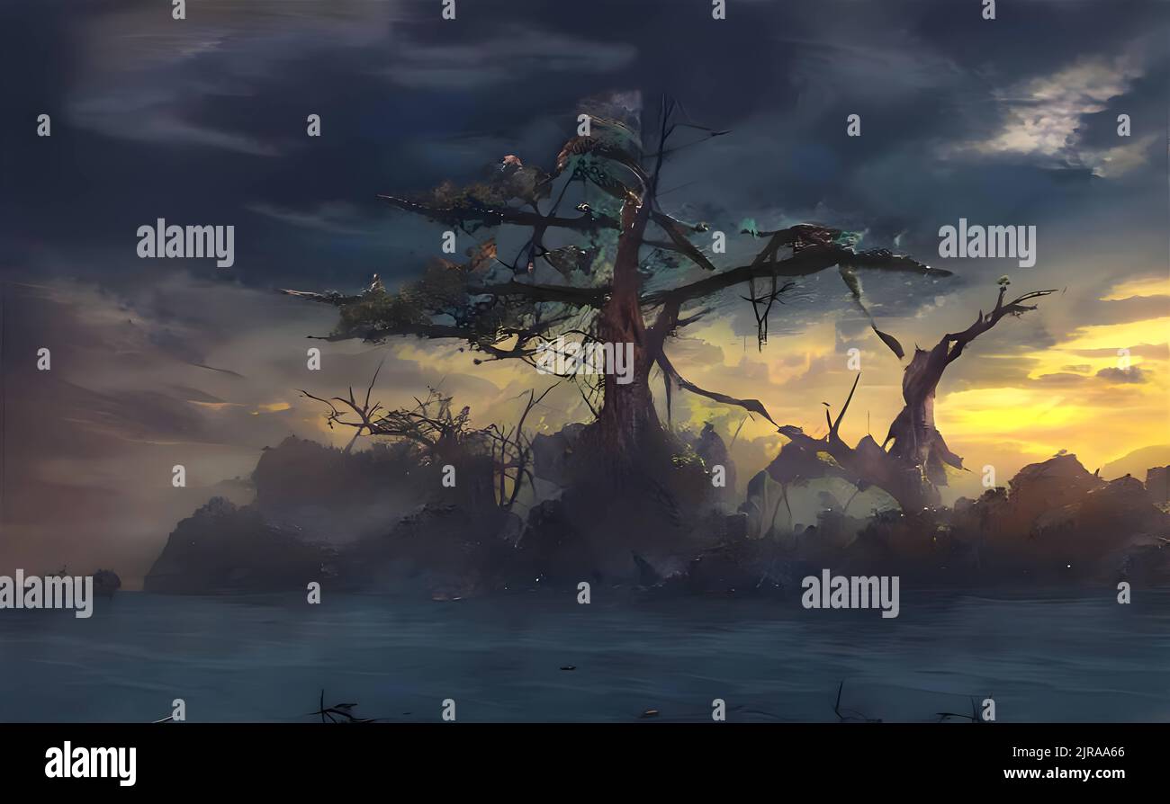 A painted growing tree in background of colorful heaven during sunset ...