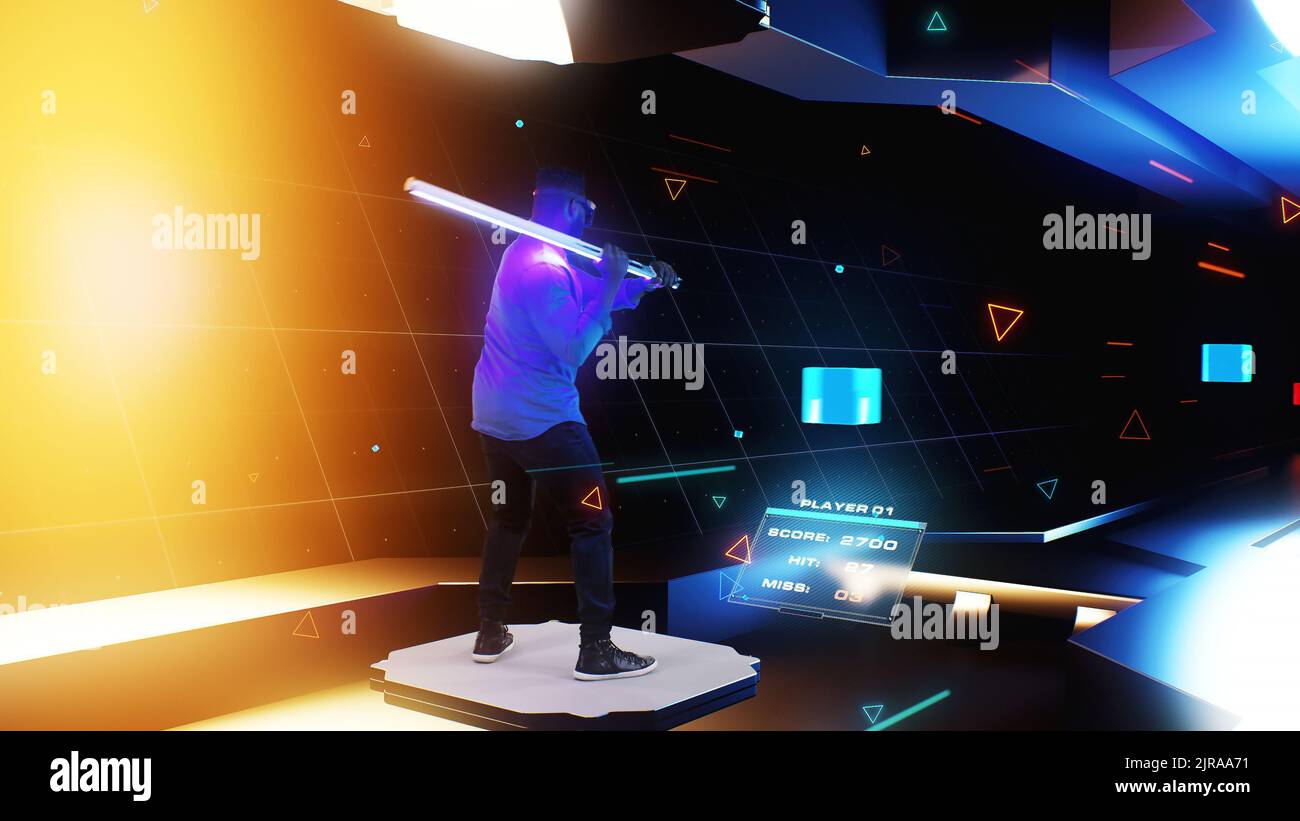 An african american man wearing a virtual reality helmet with shining ...