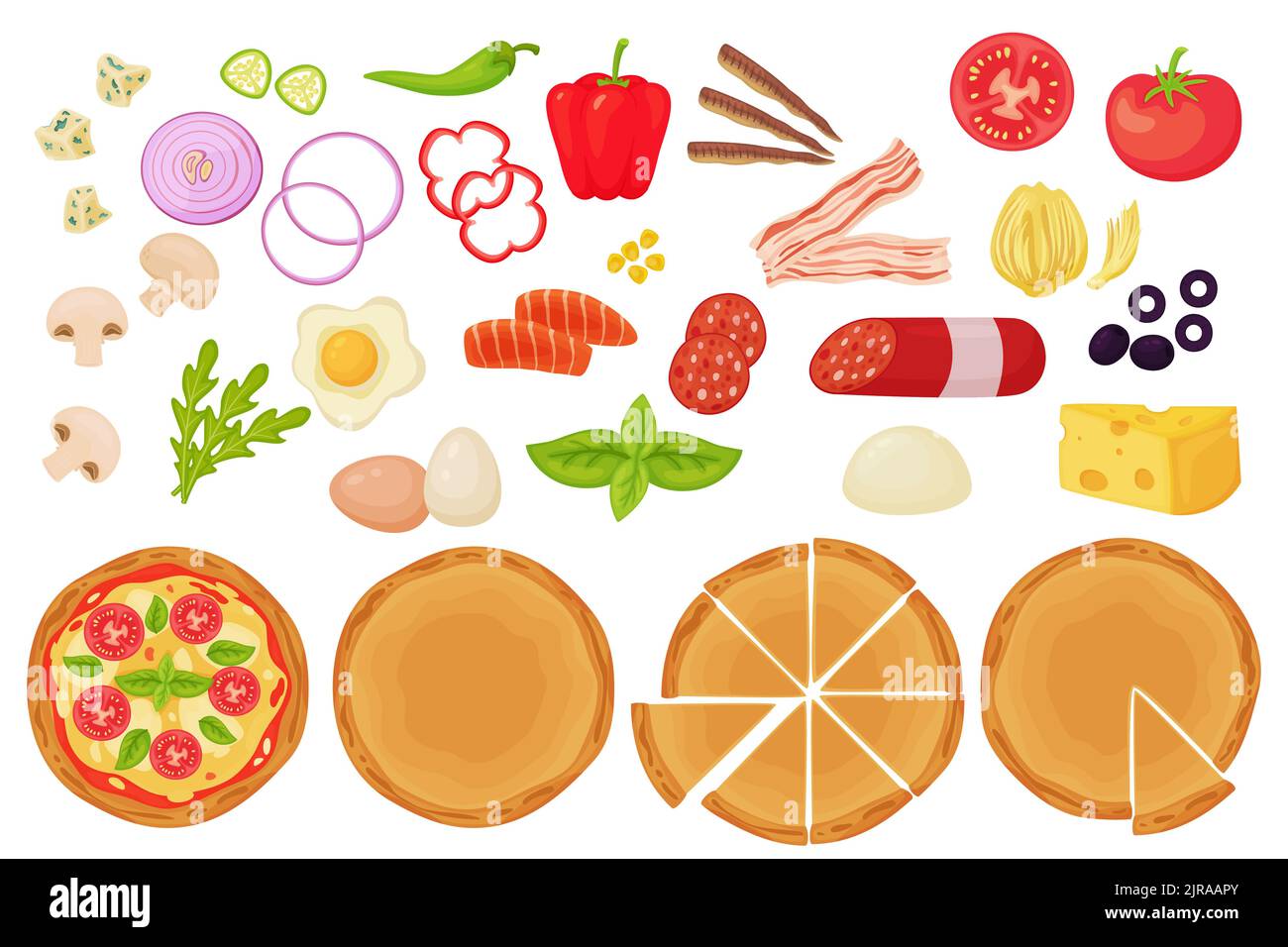 Cartoon pizza ingredients. Italian cuisine fast food, cooking time ...
