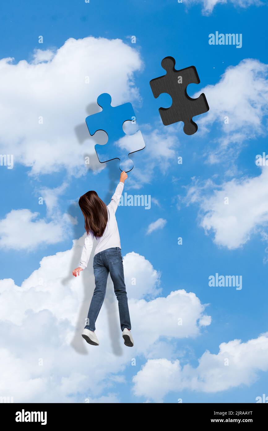 Photo 3d retro collage artwork postcard poster sketch of schoolkid fly ...