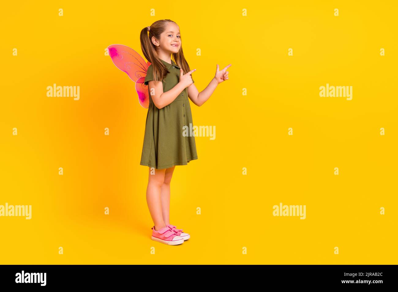 Full size portrait of adorable sweet person indicate fingers empty ...