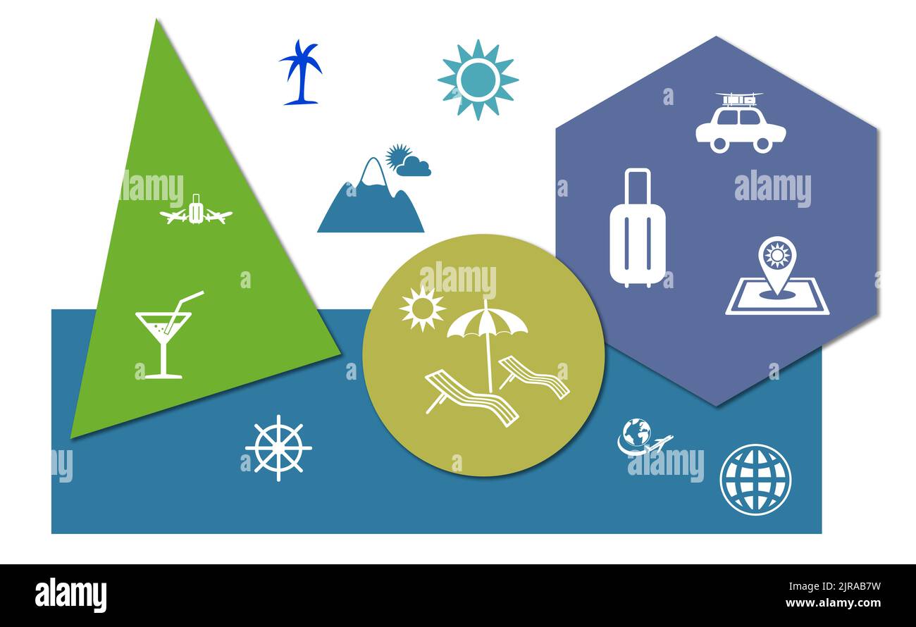 Concept of vacation with icons on geometric shapes background Stock ...