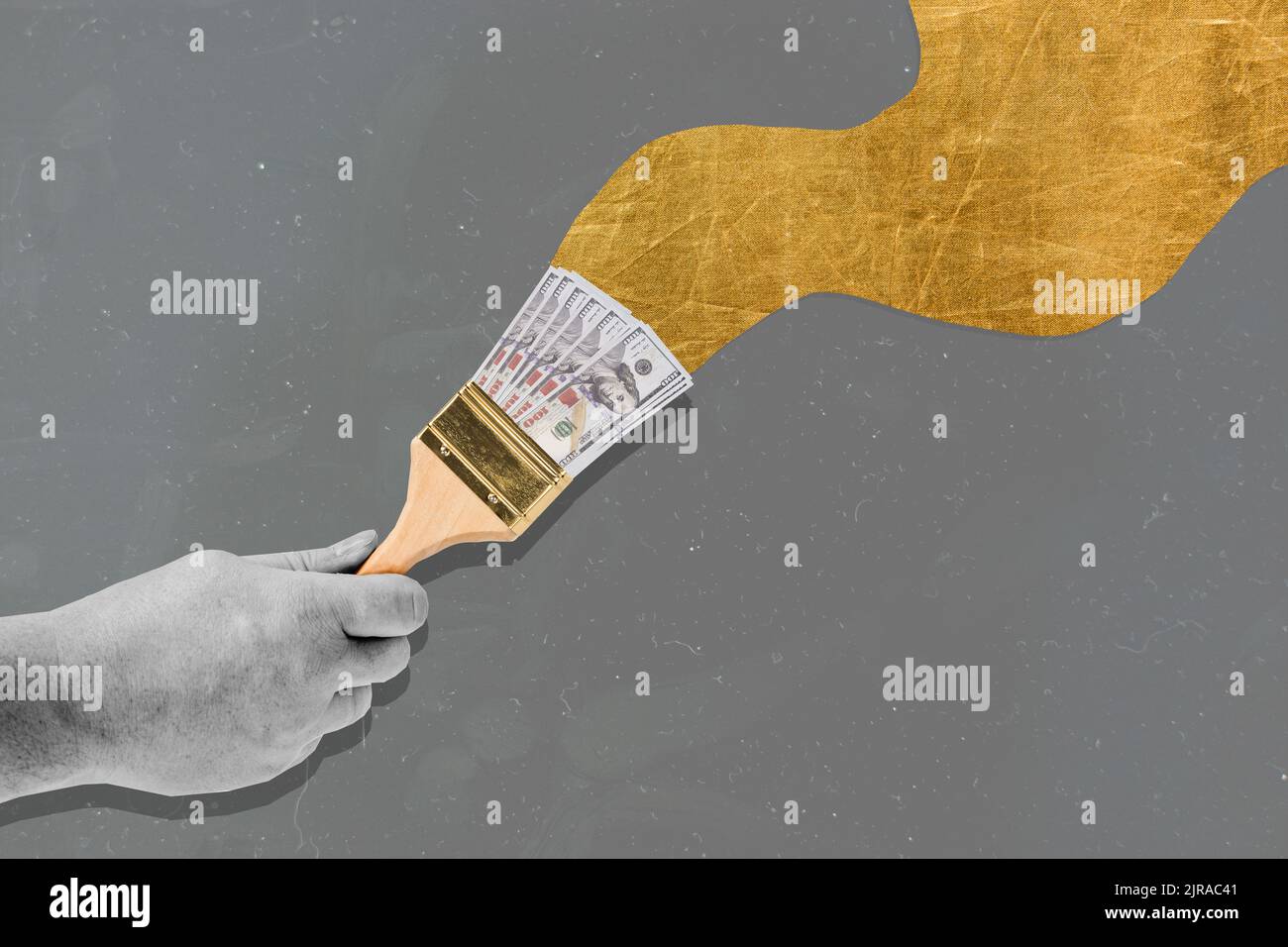 Collage photo of drawing hand golden brush color creative paint reality ...