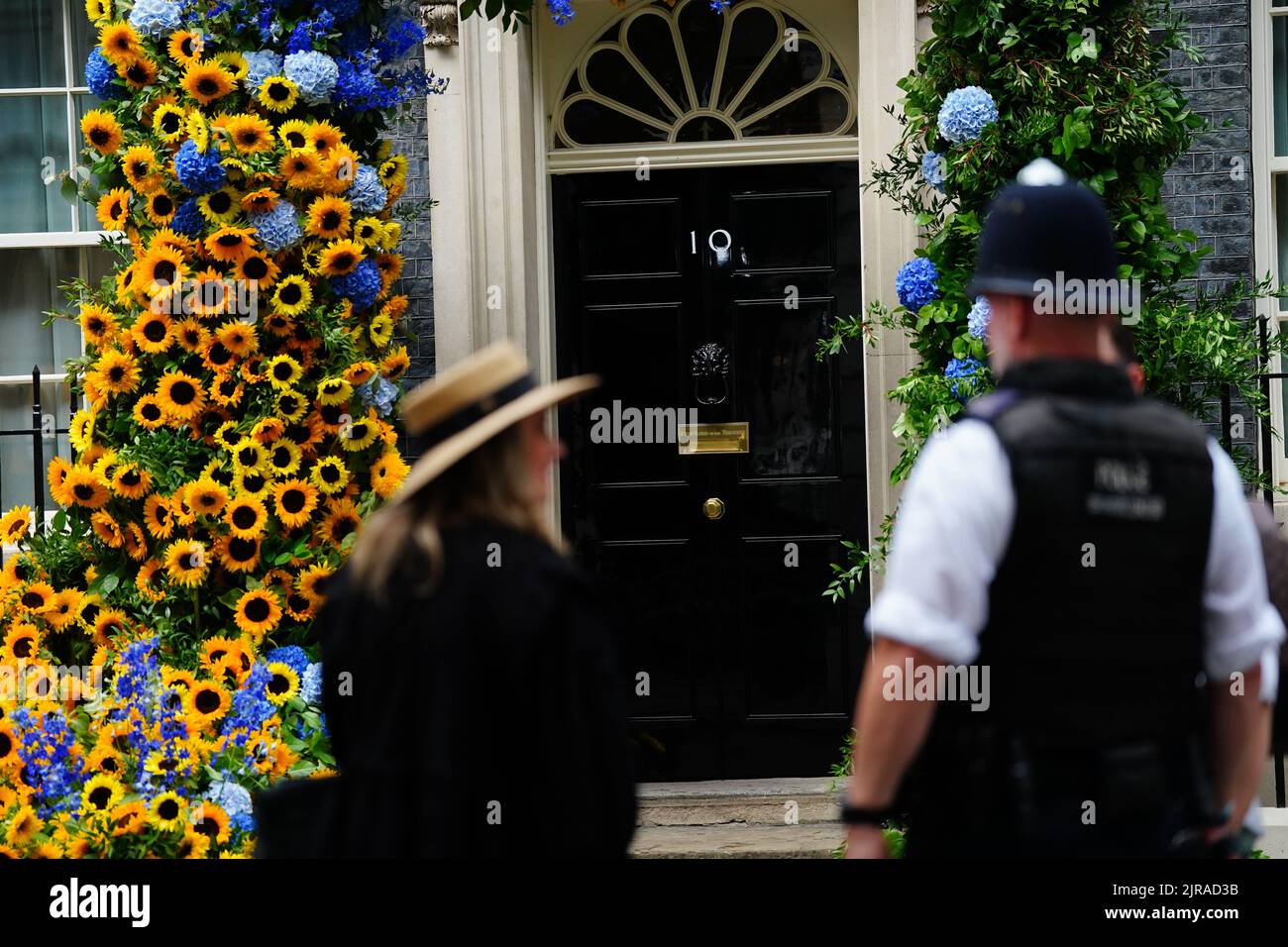 A floral arch of sunflowers, the national flower of Ukraine, at the ...