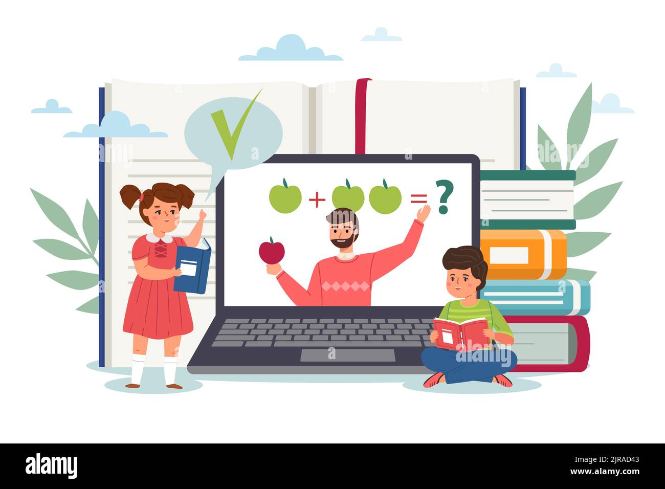 Distance learning, knowledge acquisition, online education. Kids with books and teacher on ...