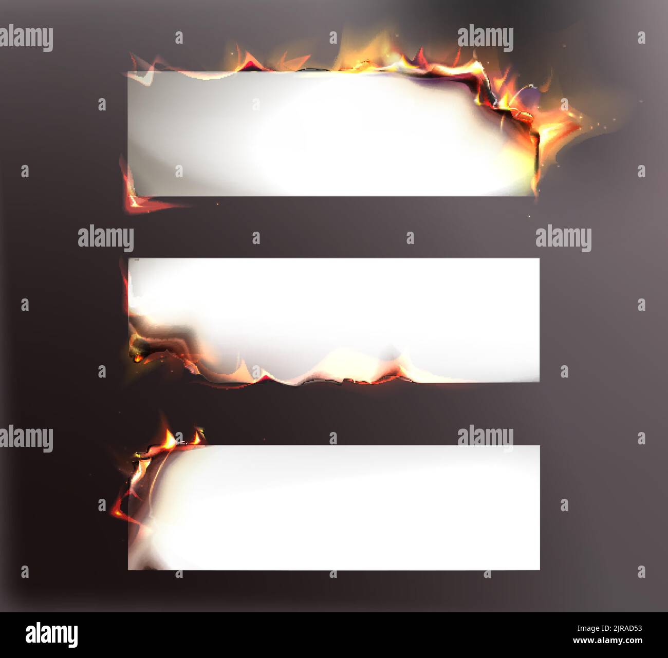 Realistic burnt ripped sheets with scorched borders. Set of smoldering ...