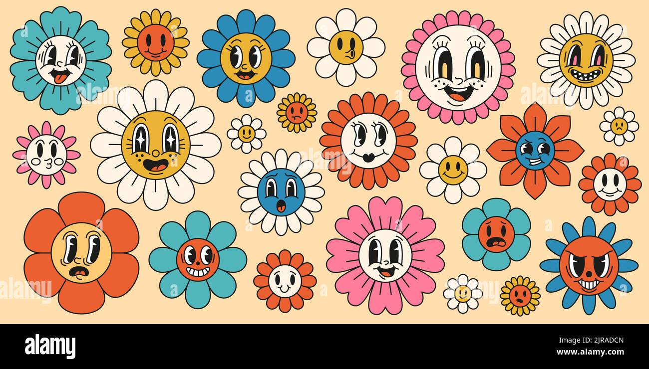 Daisy flowers with cartoon faces. Funny smiling chamomile characters ...
