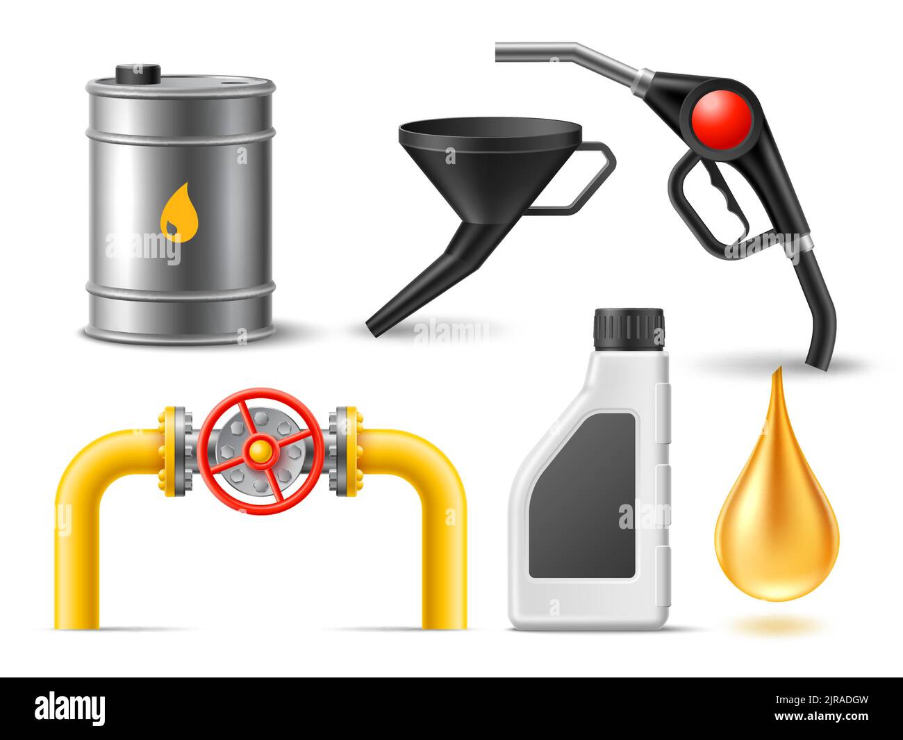 Realistic fuel elements. 3d barrel, golden oil drip, pipeline fragment ...