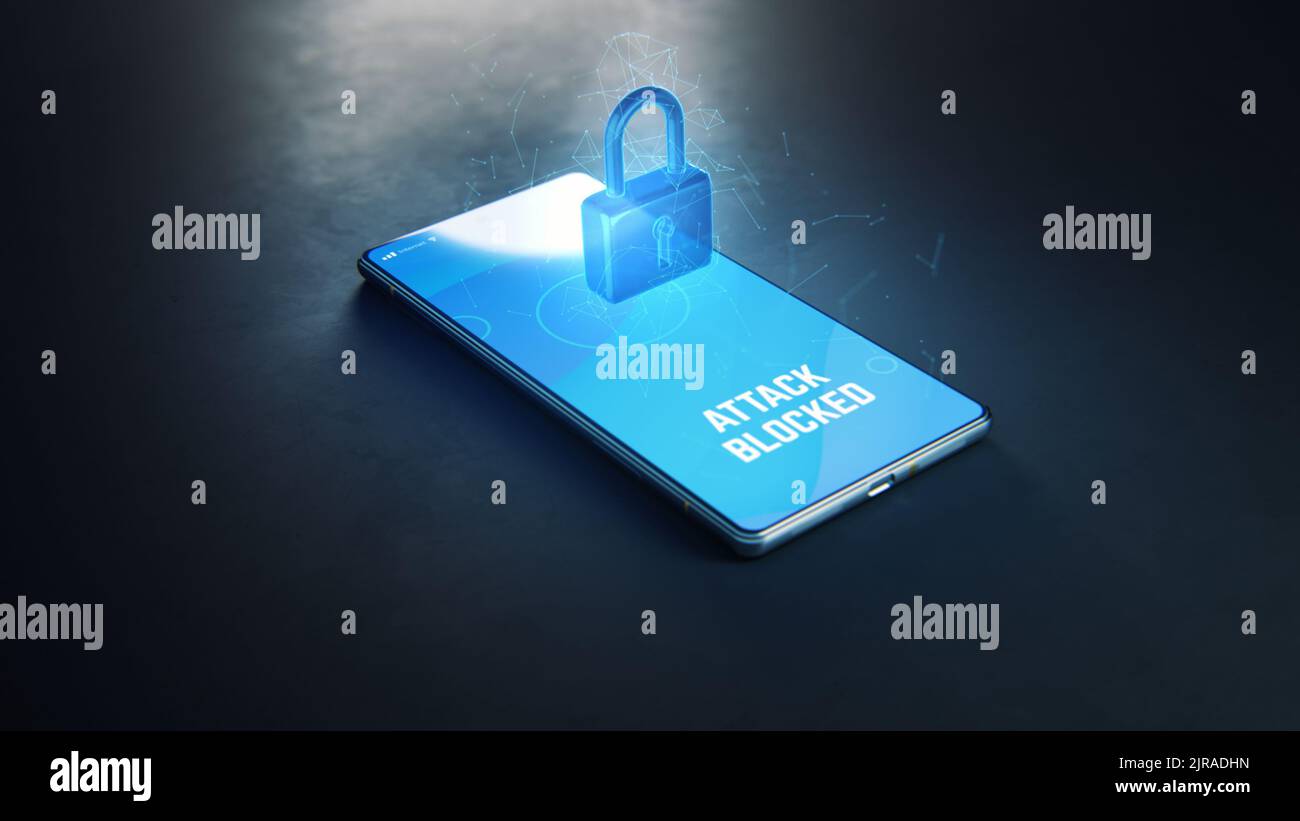 3D Render of modern mobile phone protected from cyber attack by ...